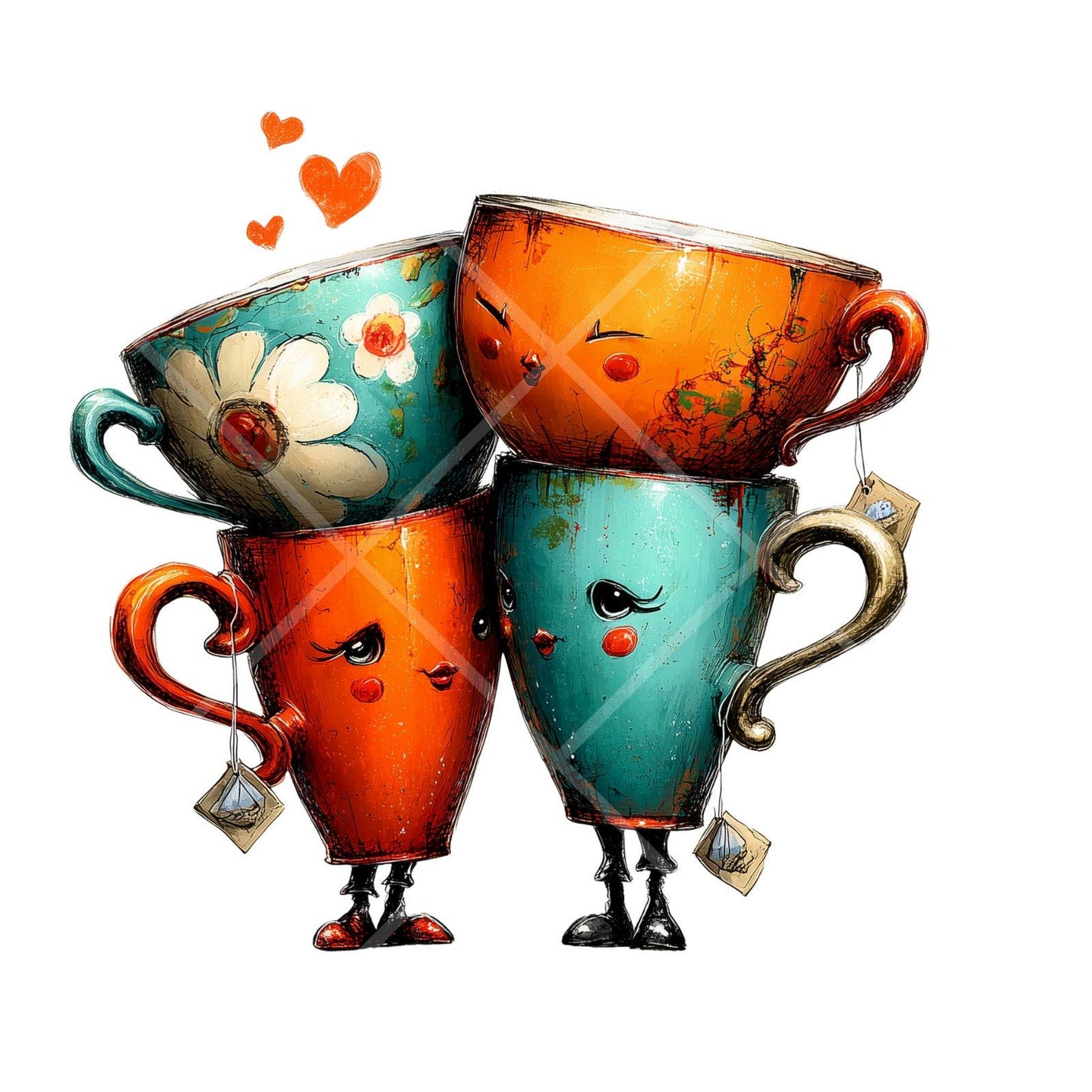 Whimsical Mug Clipart Set, 22 PNG Cute Love Cups, Valentine Coffee ...