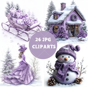 26 JPG Watercolor Christmas Purple Clipart Bundle – Elegant Winter ...