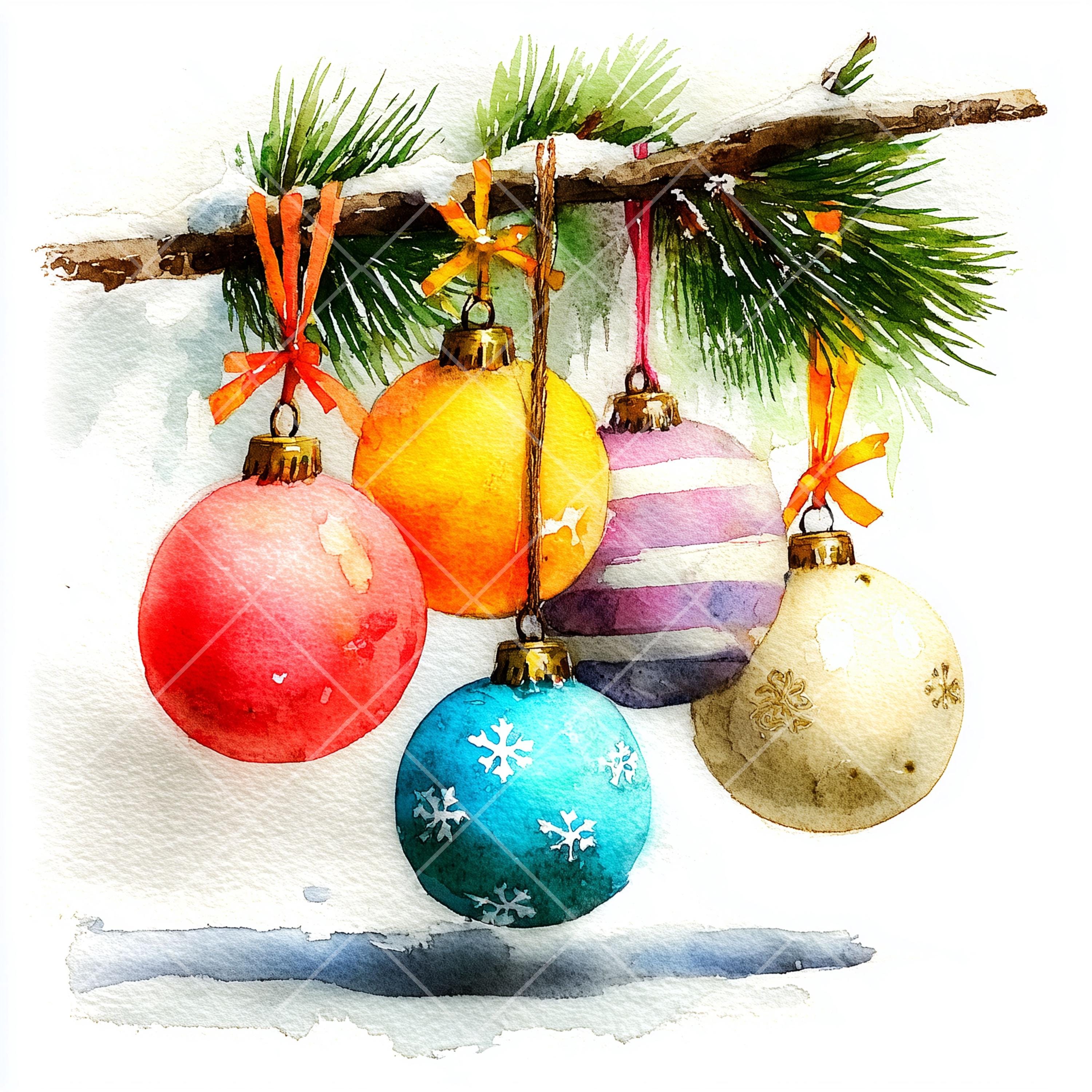 Watercolor Christmas Ornaments Clipart Set of 14 JPG – Festive Baubles ...