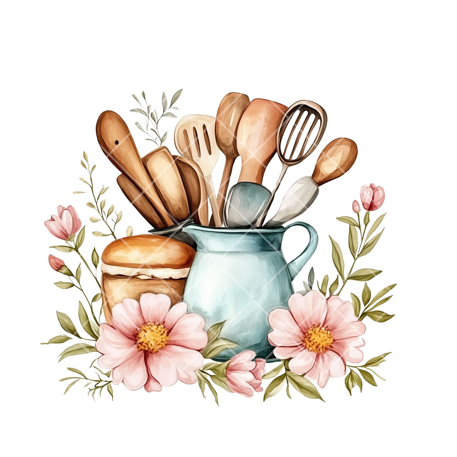 Watercolor Bakery Clipart: Floral Kitchen Utensils (digital Download ...