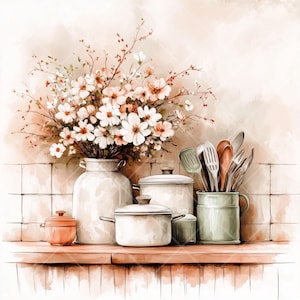 Watercolor Farmhouse Kitchen Clipart: Vintage Utensils & Floral Decor ...