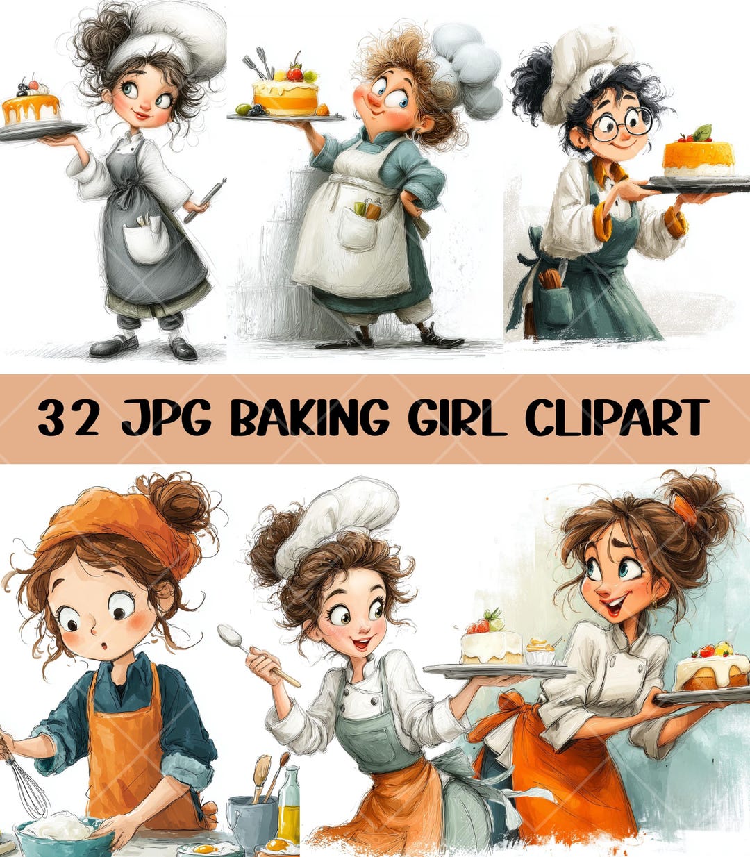 Baking Girl Clipart Set, 32 Pastry Chef Illustrations JPG, Cute Kitchen ...