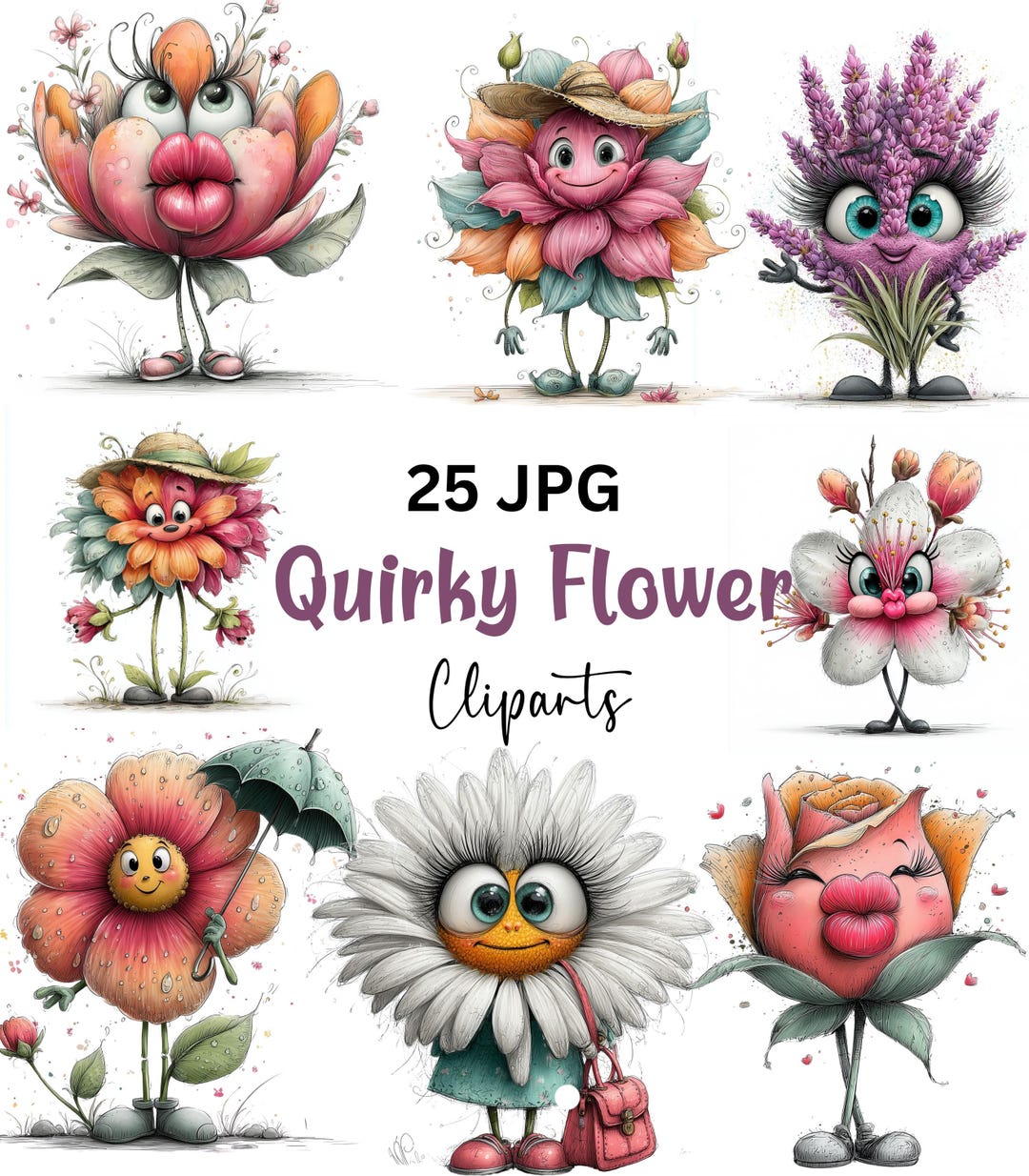 Quirky Spring Flower Clipart Bundle, Floral Characters 25 Jpgs, Digital ...