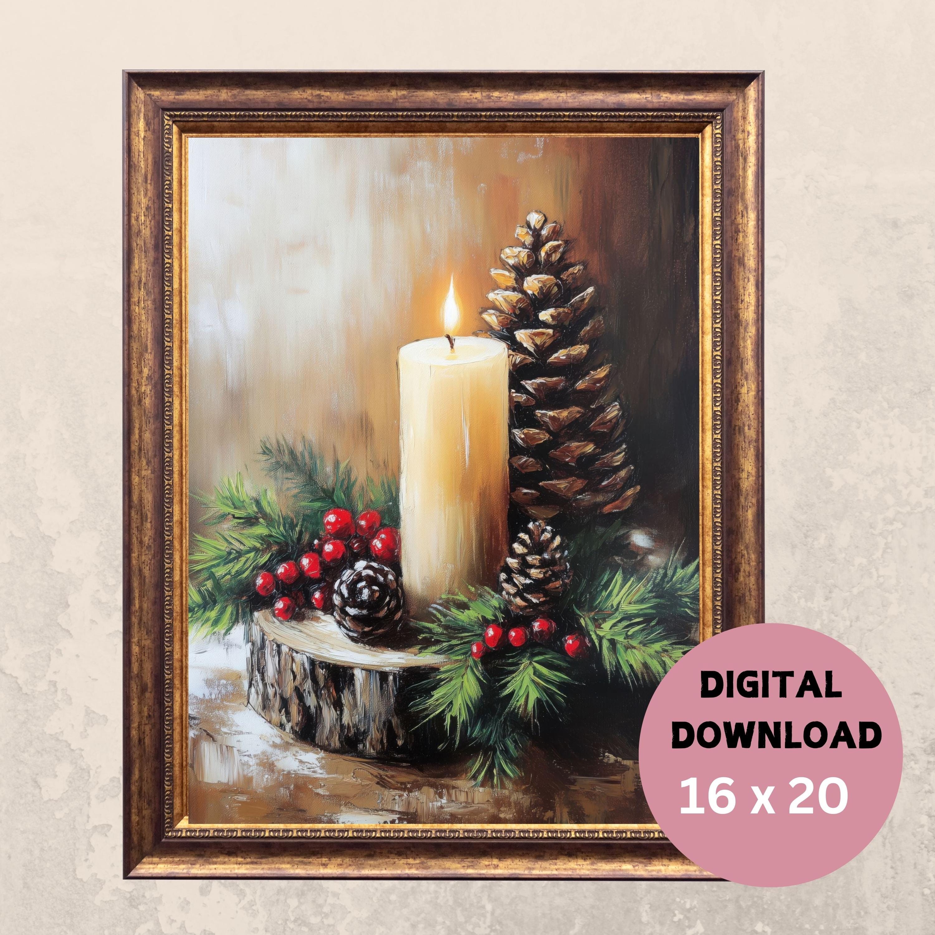 Christmas Candle Still Life Painting ,pineco Ne and Holly ,rustic ...