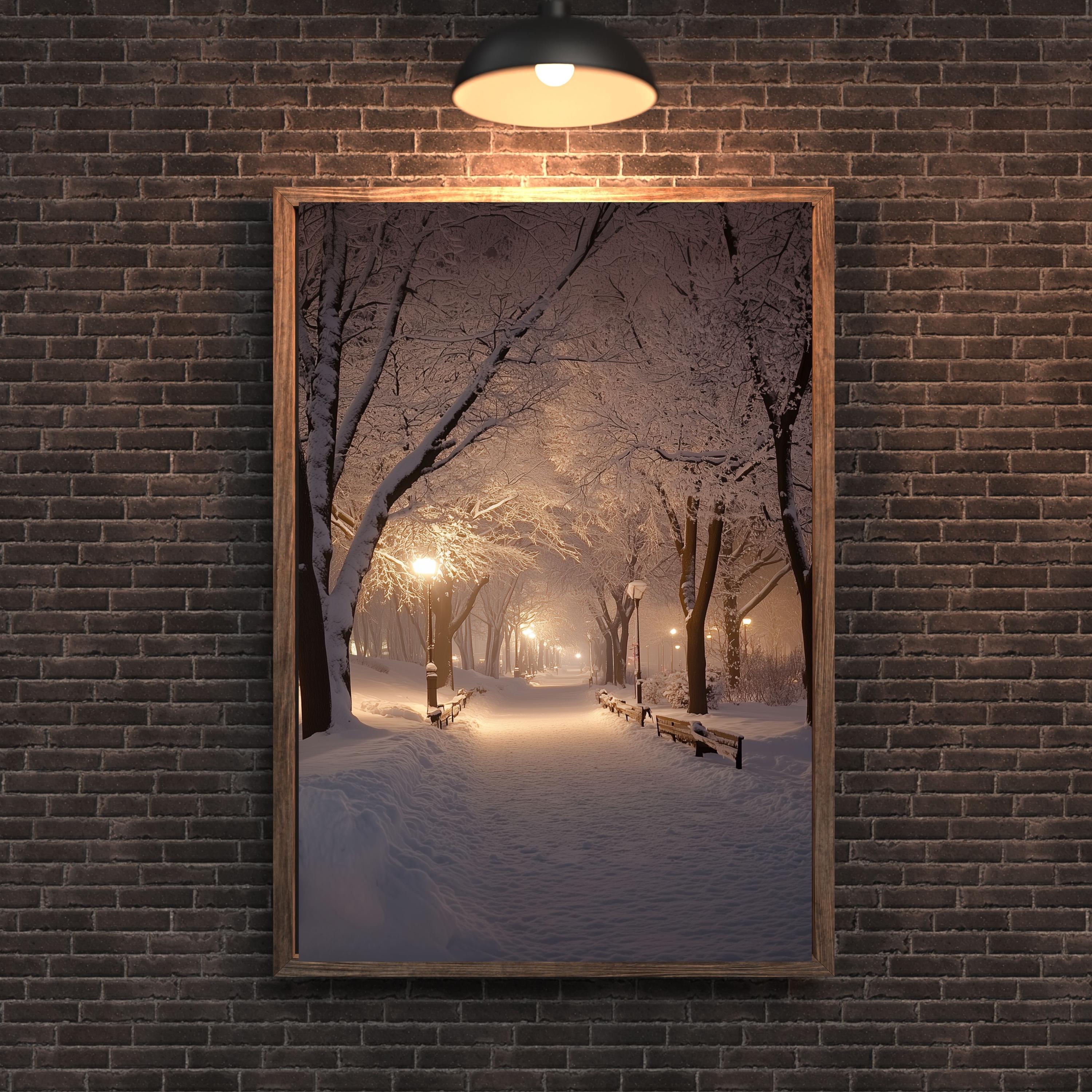 Winter Evening Snow Scene Art Print: Illuminated Snowy Path (digital ...