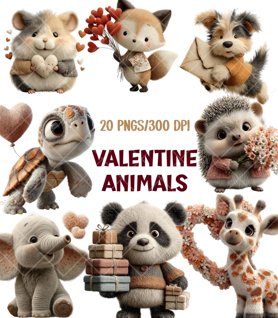 Valentine Animals Clipart Set, Sweet Love PNG Bundle, Adorable Animal ...