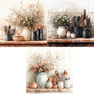 Watercolor Farmhouse Kitchen Clipart: Vintage Utensils & Floral Decor ...