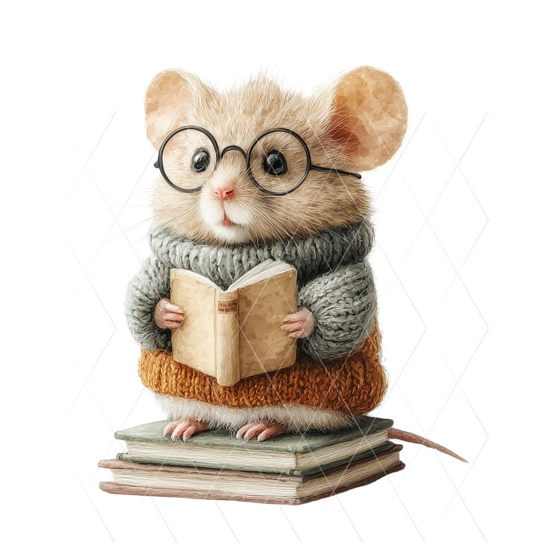 25 Watercolor Mouse Clipart JPG Bundle, Cute Reading Mouse Art, Cozy ...