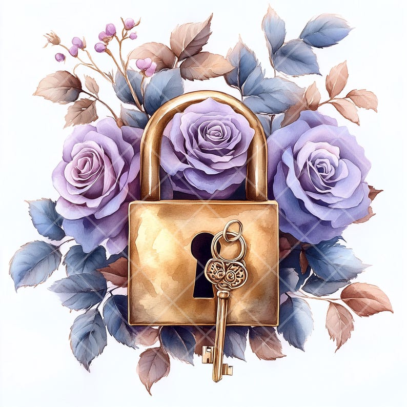 Golden Padlock & Key Clipart – 10 JPG Watercolor Illustrations With ...