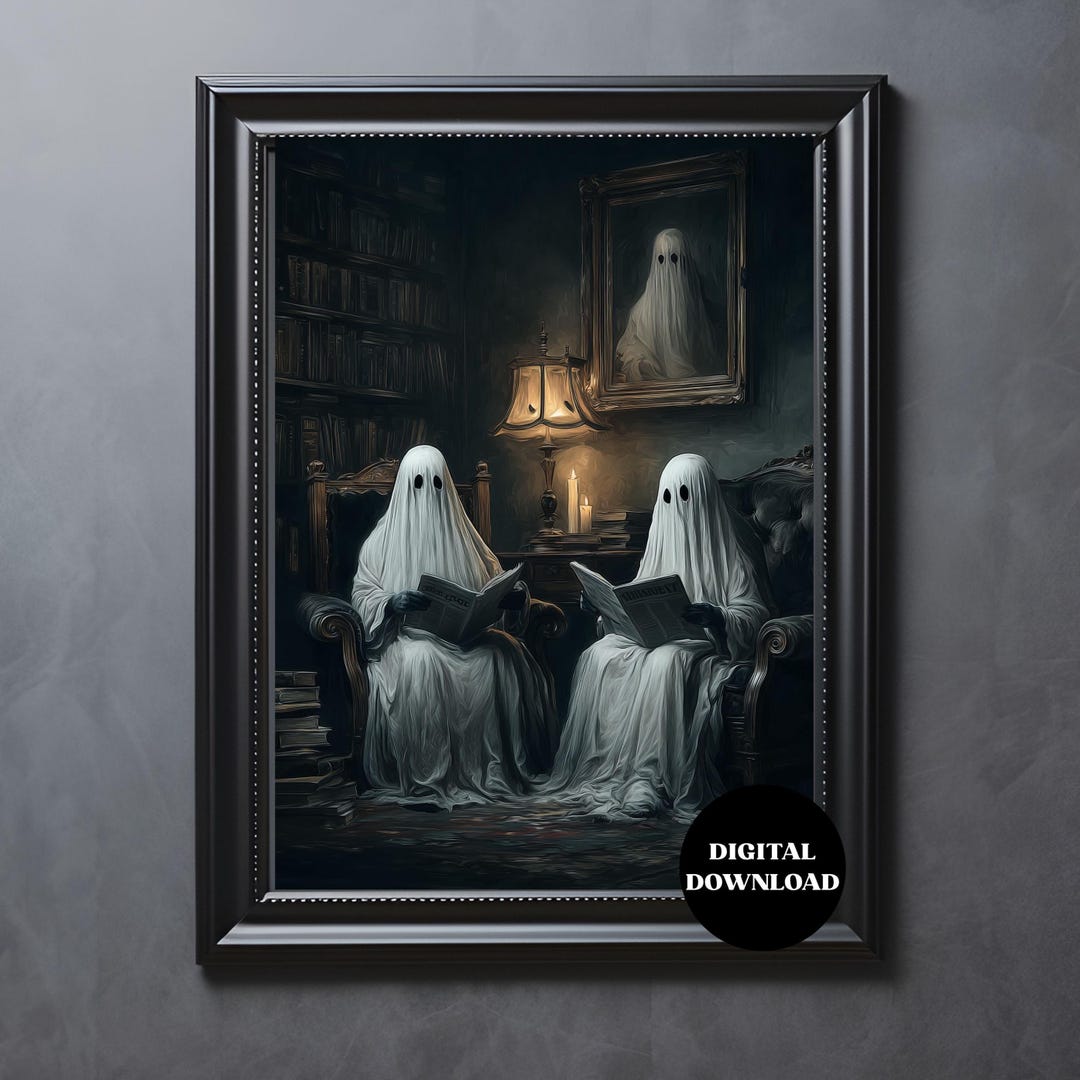 Vintage Ghosts Reading Books Art Print: Gothic Library Halloween Decor ...