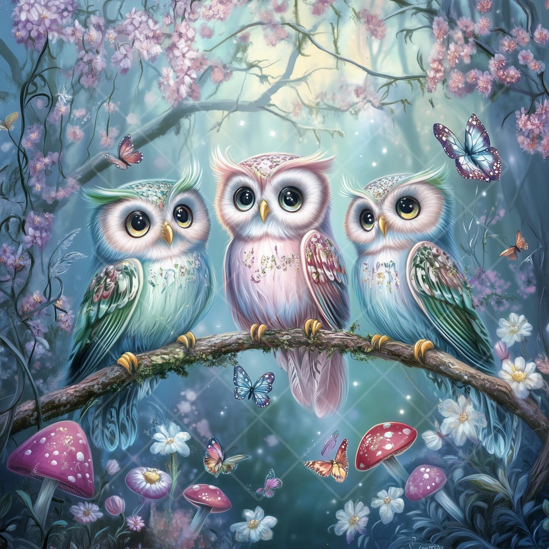 10 JPG Whimsical Owl Clipart - Dreamy Forest Scene With Owls, Flowers ...