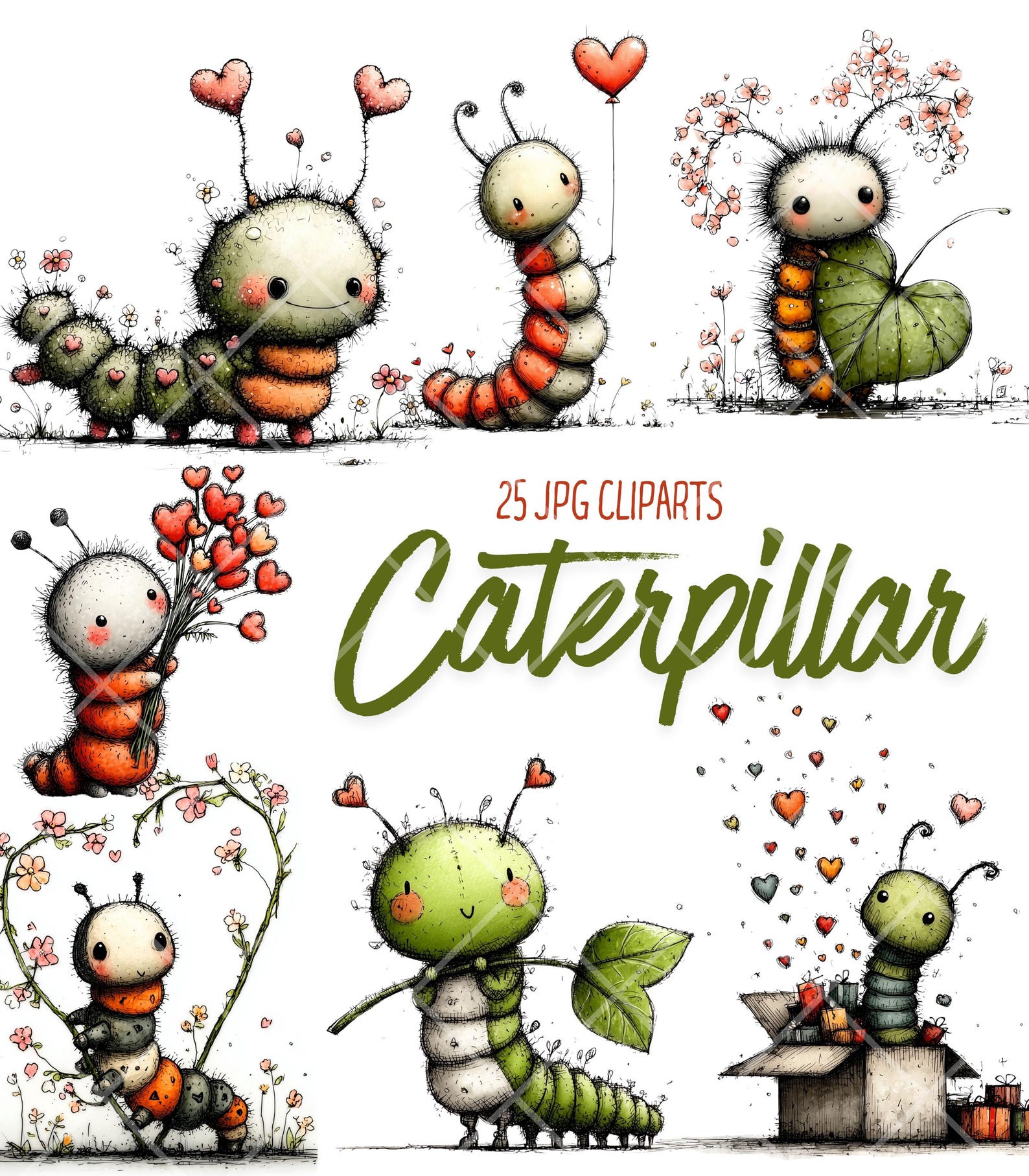 Caterpillar JPG Clipart Bundle, Cute Worm Illustrations, Whimsical ...