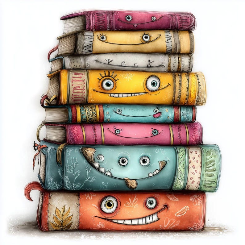 45 Whimsical Book Clipart JPG, Cute Book Stack Illustrations, Reading ...