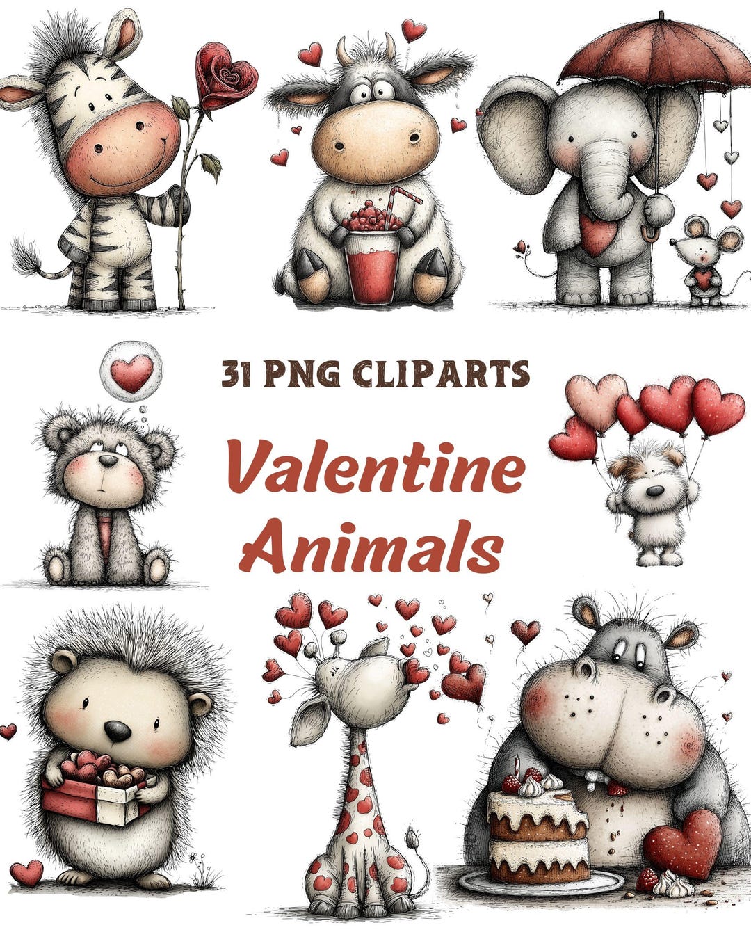 Valentine Animals Clipart PNG Bundle, Cute Whimsical Love Animals ...
