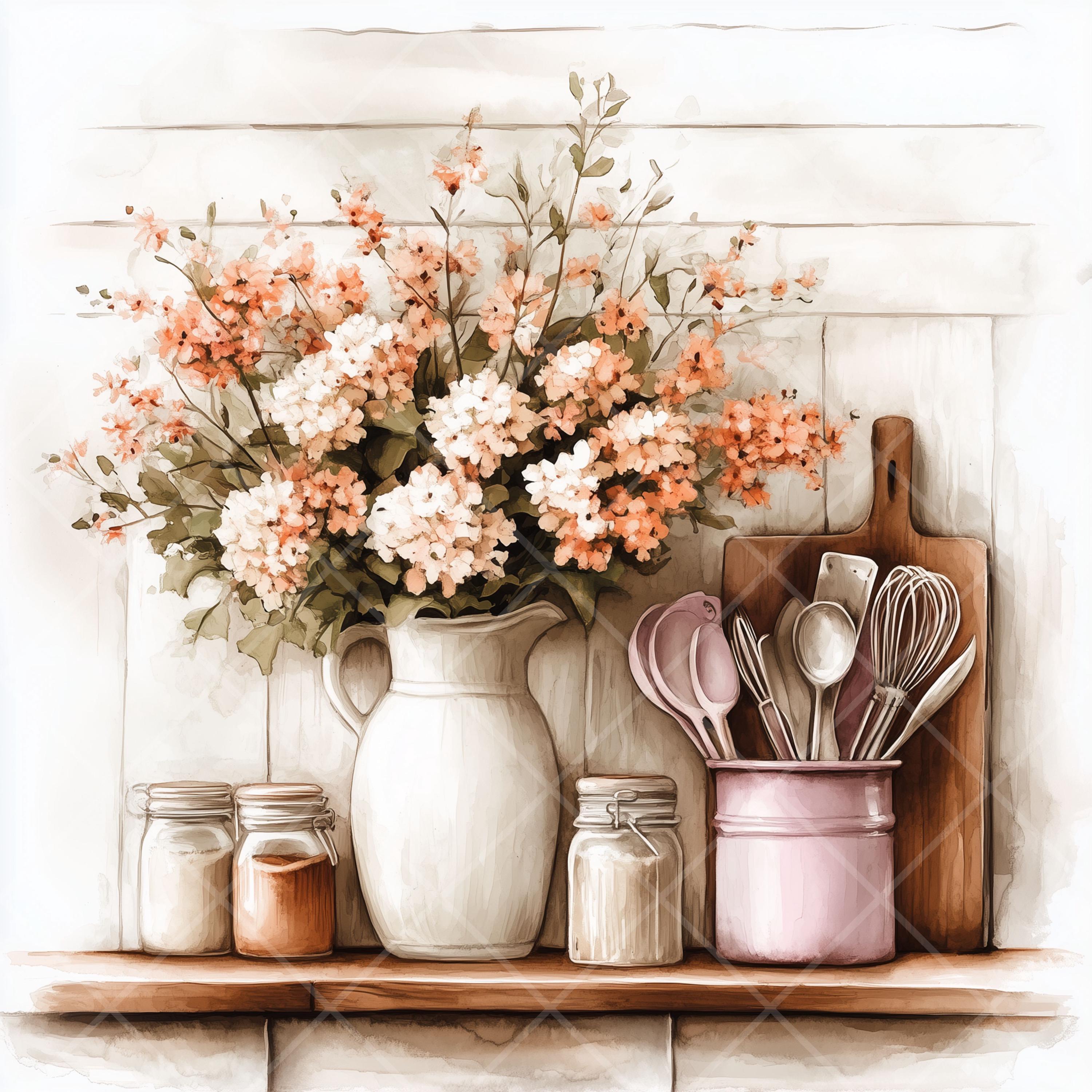 Watercolor Farmhouse Kitchen Clipart: Vintage Utensils & Floral Decor ...