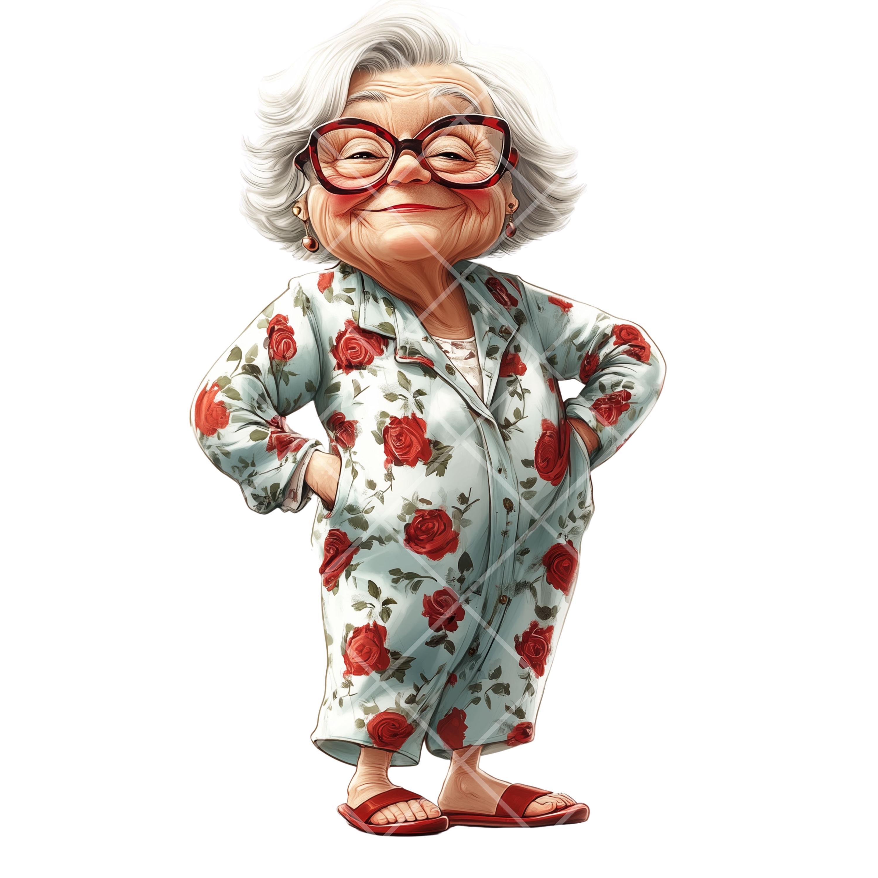 16 Funny Grandma Pyjama Clipart PNG, Cute Old Lady Cartoon Digital ...
