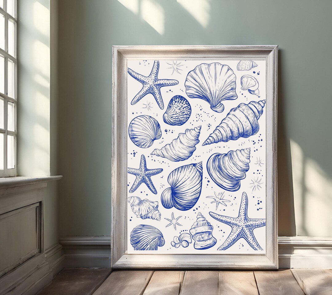 Blue Shell Art Printable, Seashells Linocut Art, Coastal Aesthetic ...