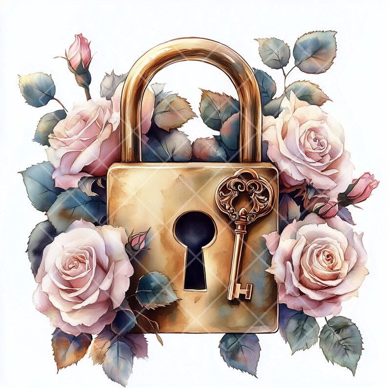 Golden Padlock & Key Clipart – 10 JPG Watercolor Illustrations With ...