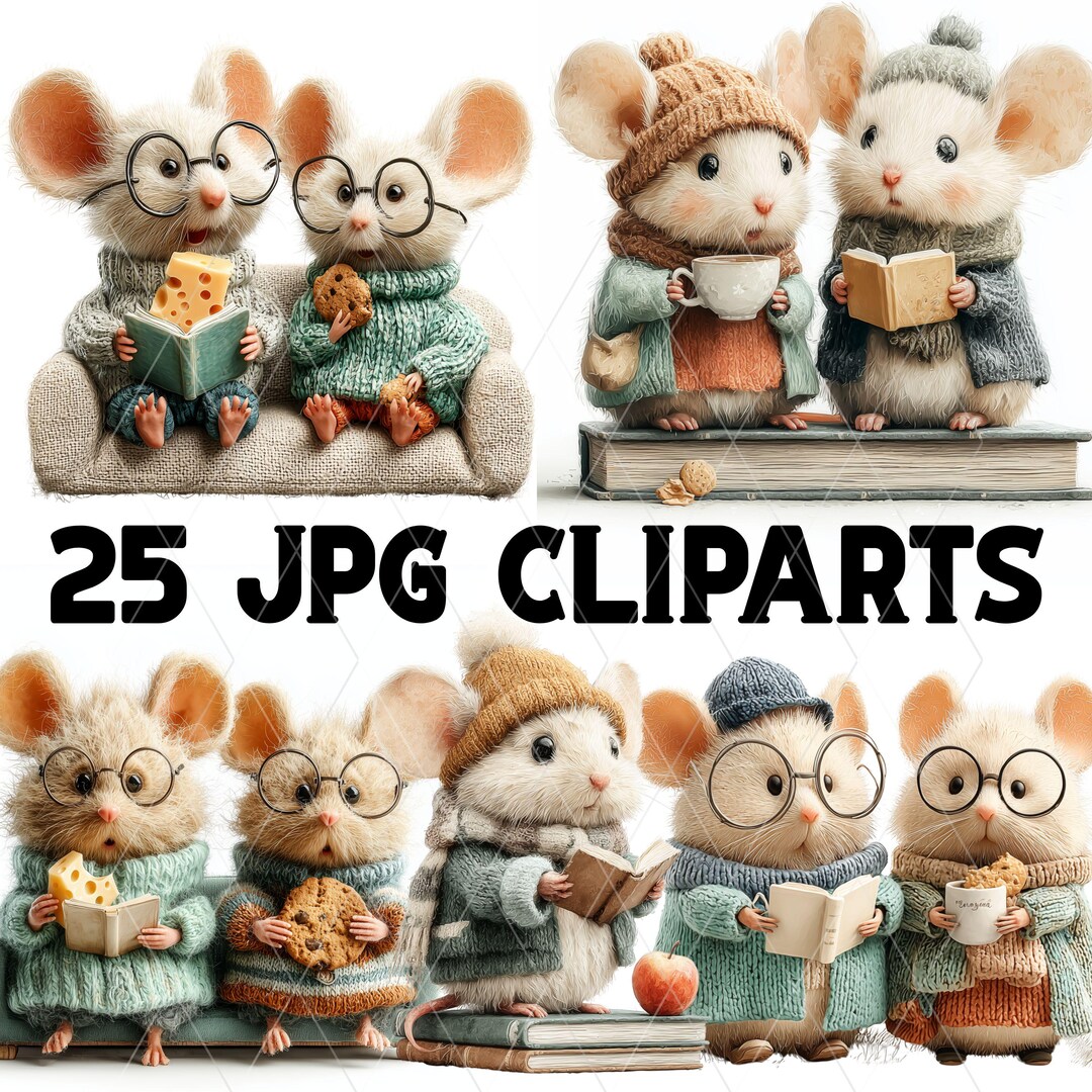 25 Watercolor Mouse Clipart JPG Bundle, Cute Reading Mouse Art, Cozy ...