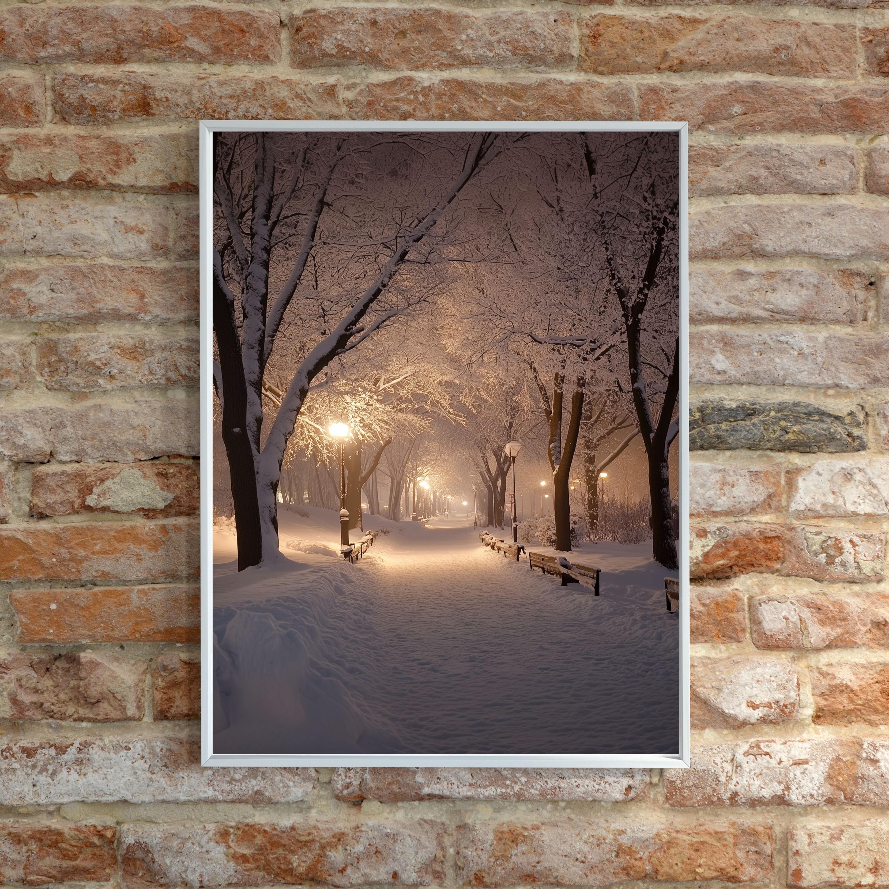 Winter Evening Snow Scene Art Print: Illuminated Snowy Path (digital ...
