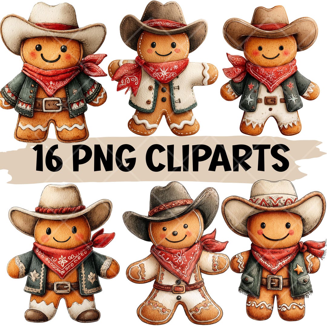 Cowboy Gingerbread PNG Clipart Bundle | 16 Cute Christmas Cookie ...