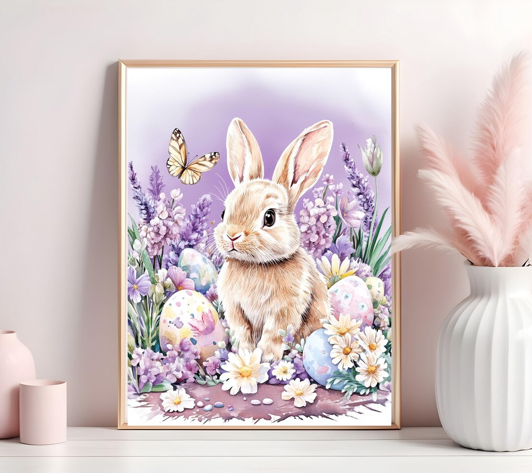 Spring Bunny and Flowers Watercolor Poster - Easter Egg Decor,digital ...