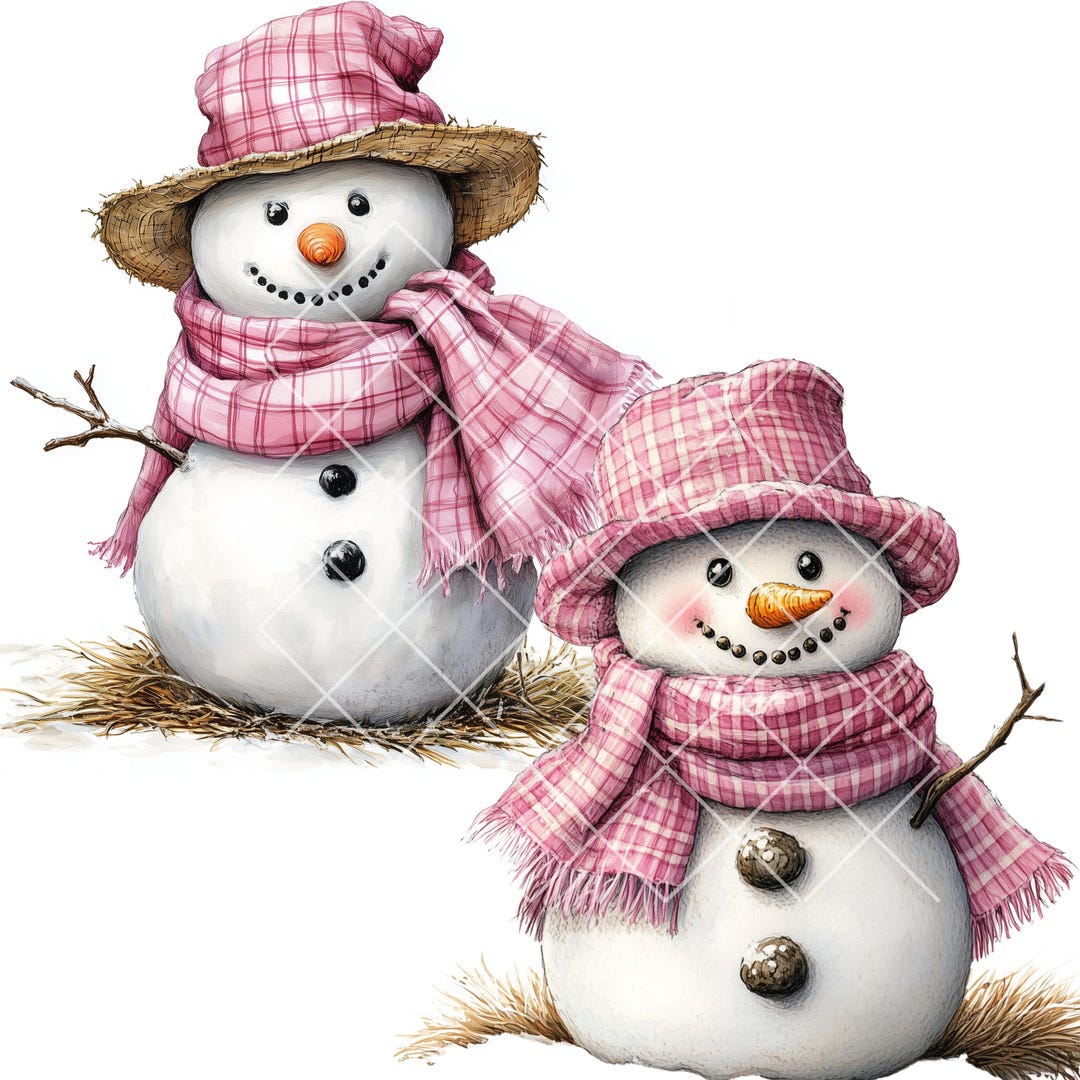 Snowman Clip Art: Pink Checkered Scarf, Christmas Illustration (11 JPG ...