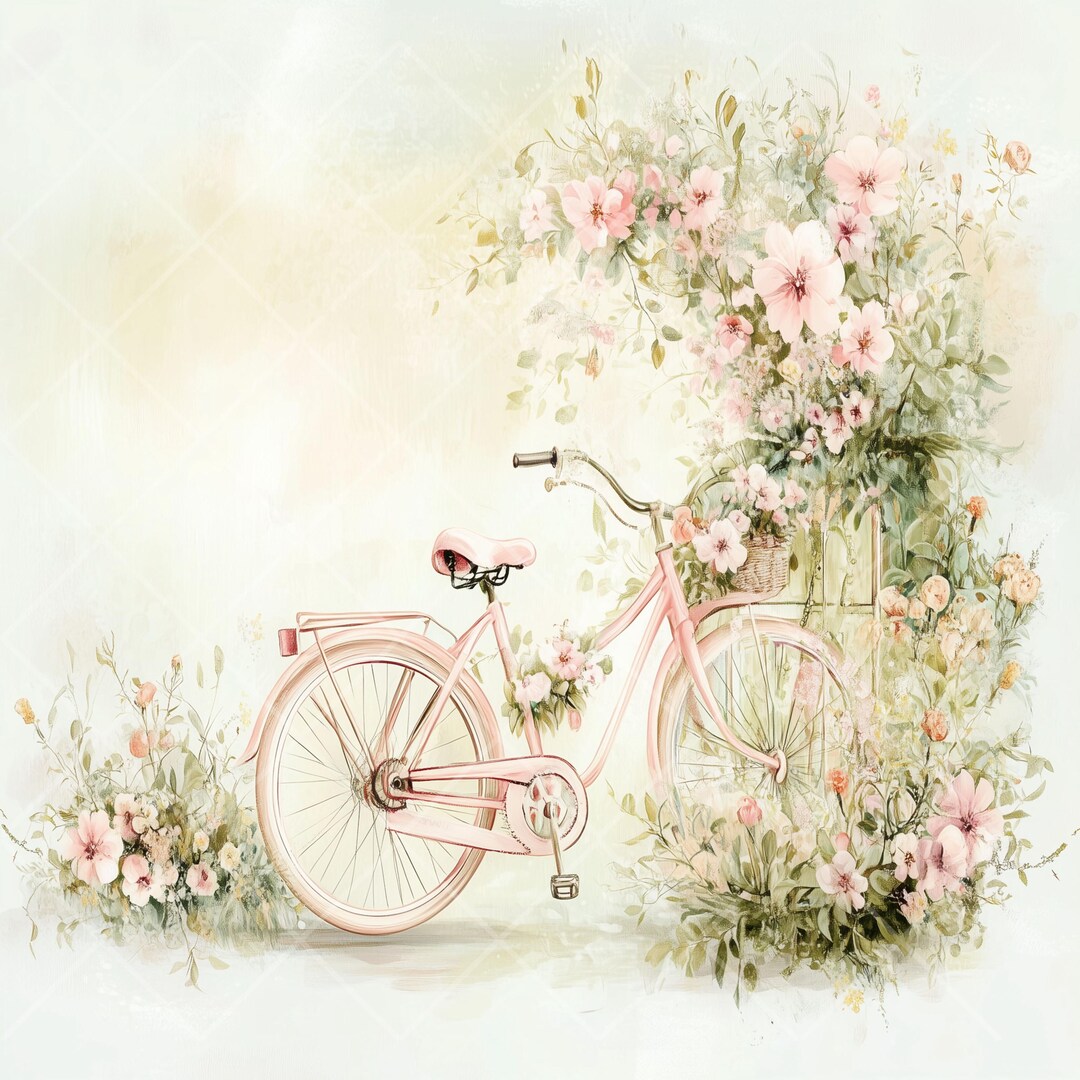 Vintage Floral Bicycle Clipart Set, 10 Soft Pastel Jpgs, Bicycle ...