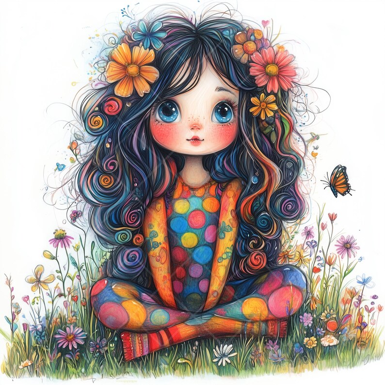 Quirky Spring Flower Girl,whimsical Cartoon Characters Clipart - 10 JPG ...