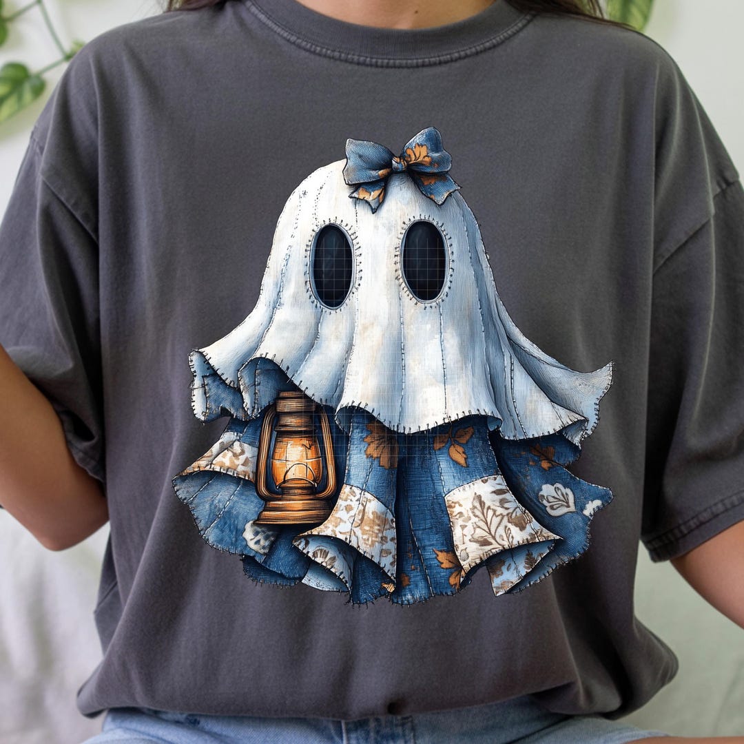 Retro Denim Halloween Ghost PNG: Patchwork Lantern Design (digital ...