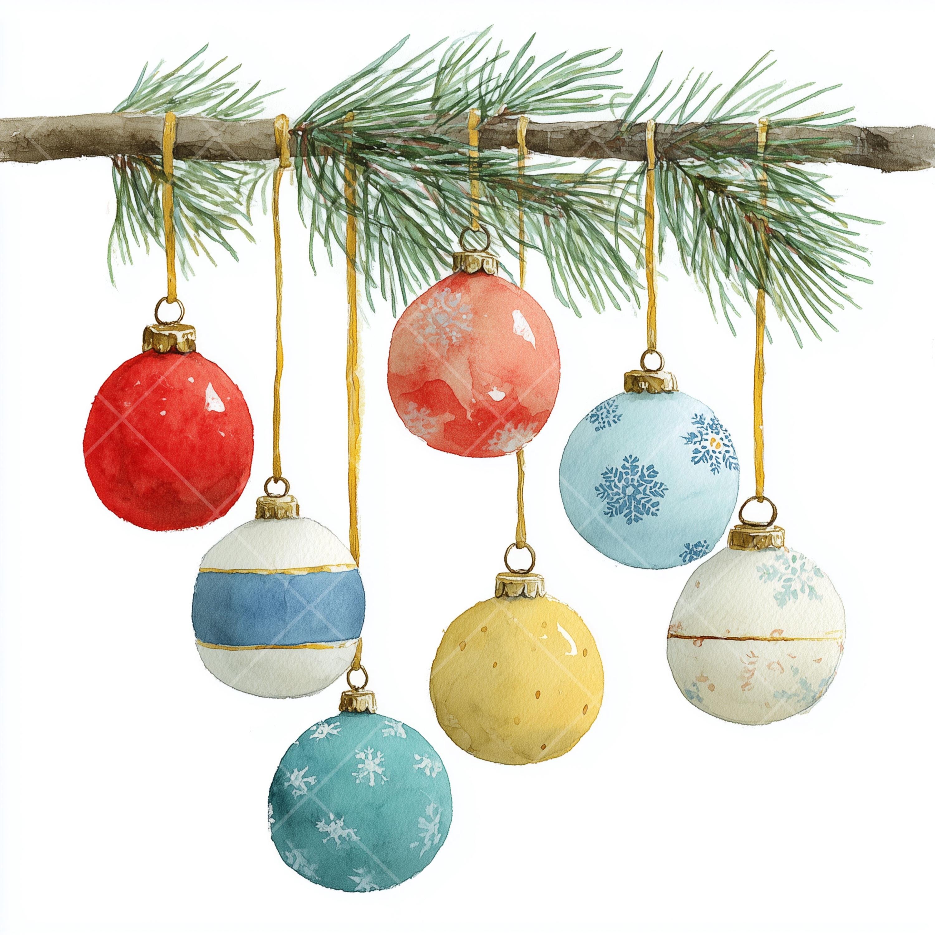 Watercolor Christmas Ornaments Clipart Set of 14 JPG – Festive Baubles ...