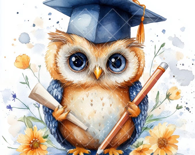 Scholar Owl Graduation Clipart Bundle – 36 Watercolor Pngs Featuring ...