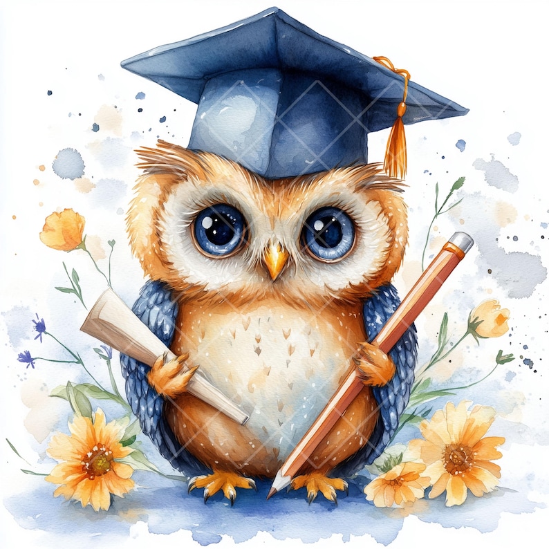 10 JPG Cliparts of Watercolor Owls With Doctoral Hats,clever Graduation ...
