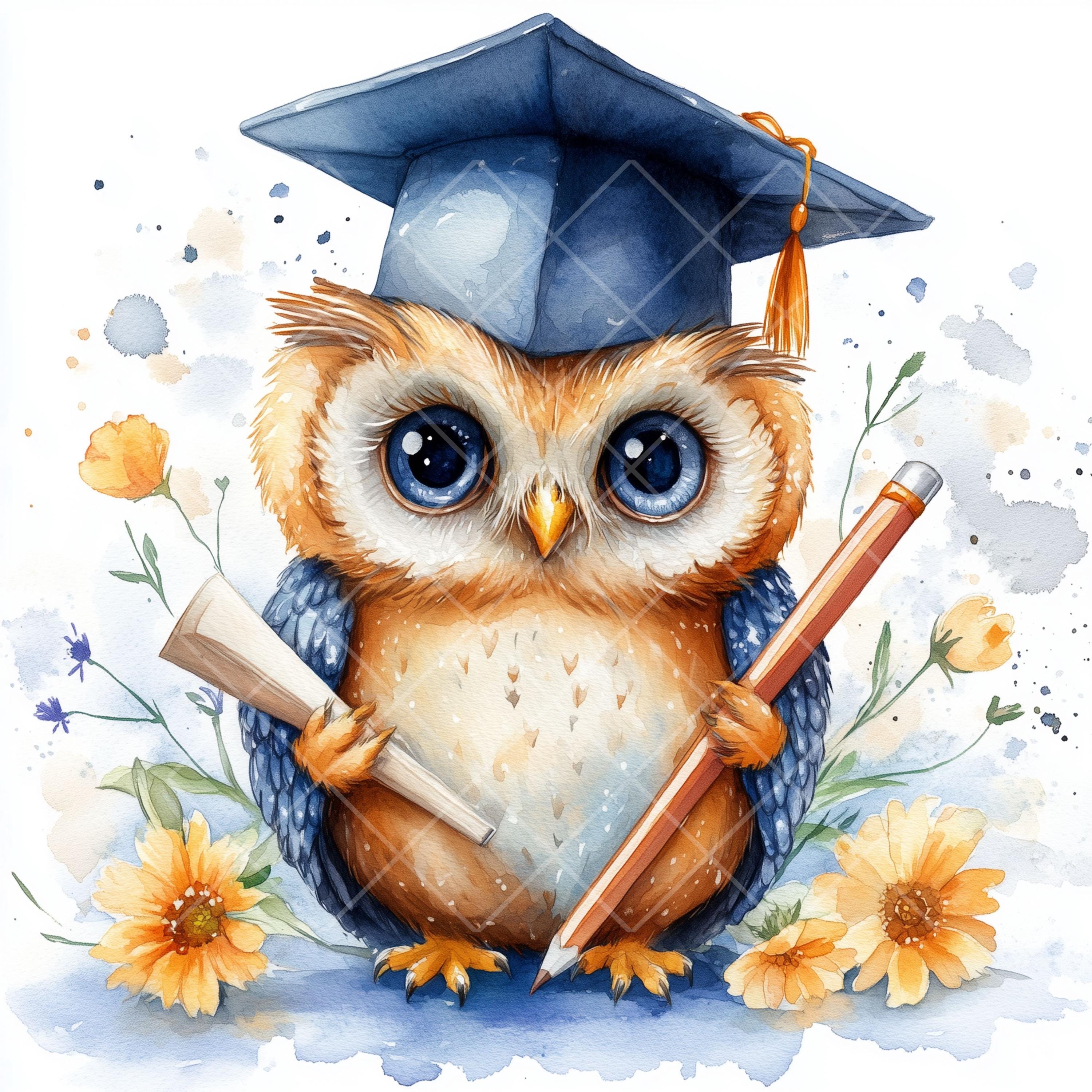 10 JPG Cliparts of Watercolor Owls With Doctoral Hats,clever Graduation ...