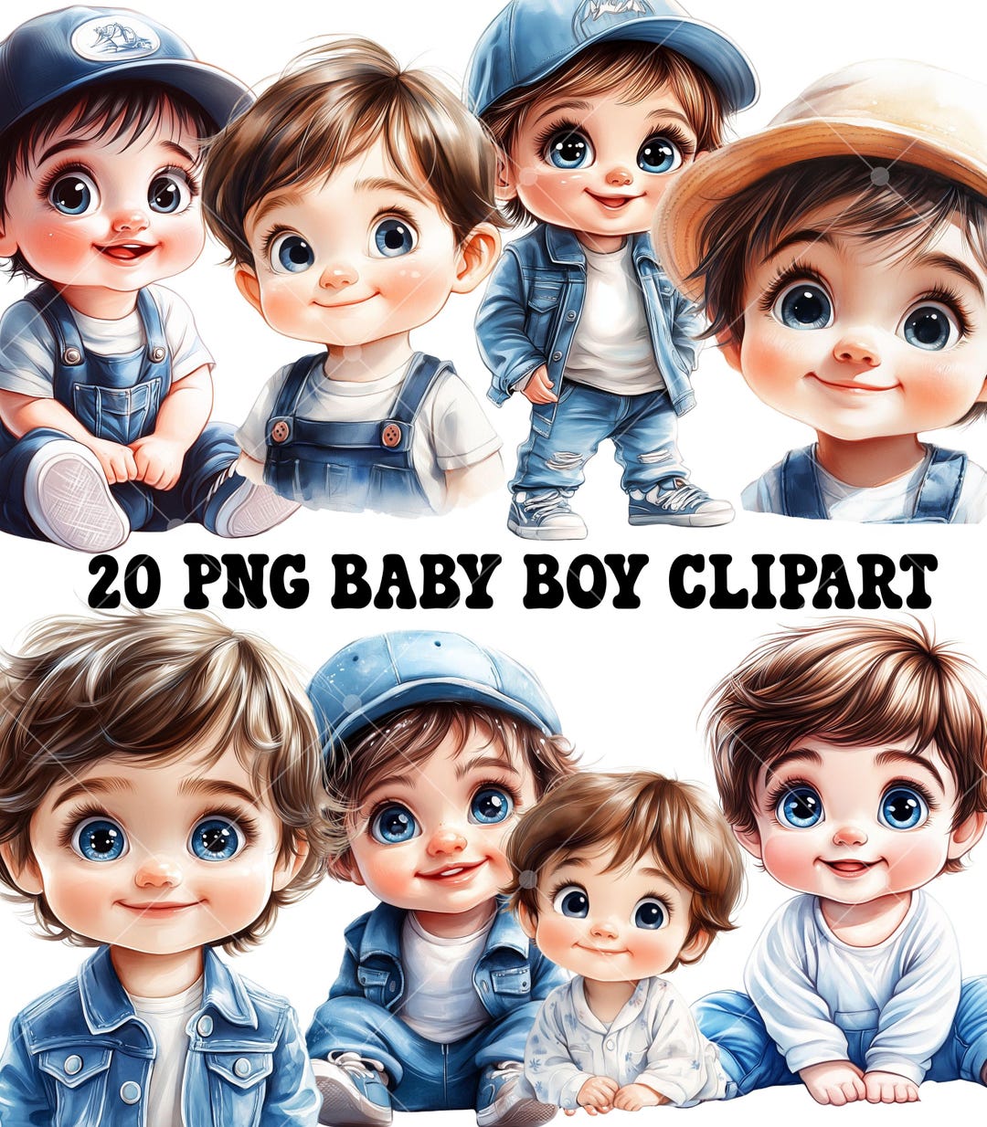 Watercolor Baby Boy Clipart Set, 20 Nursery PNG Bundle, Kawaii Child ...