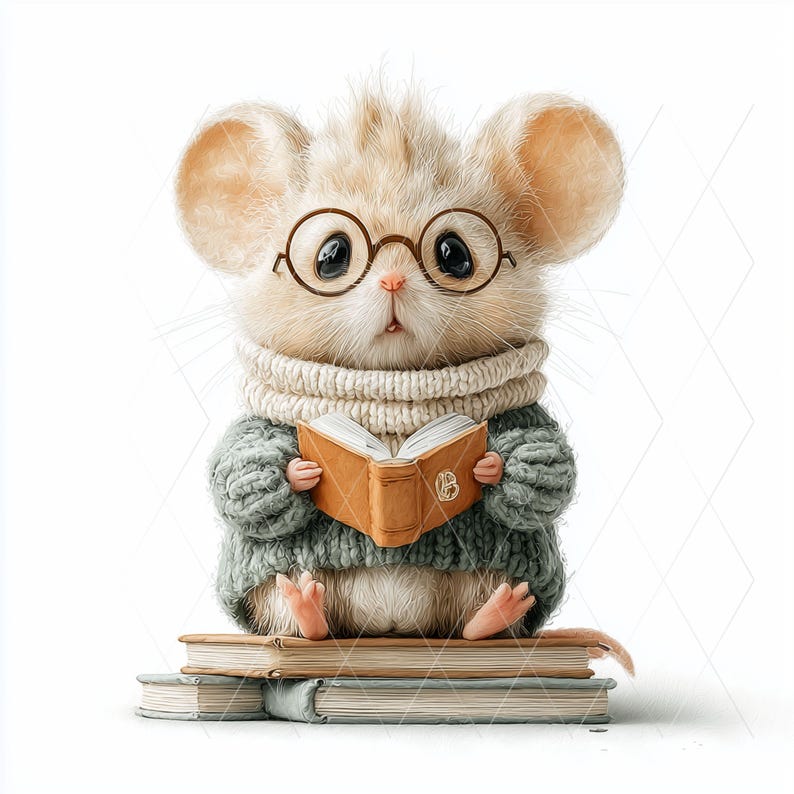 25 Watercolor Mouse Clipart JPG Bundle, Cute Reading Mouse Art, Cozy ...