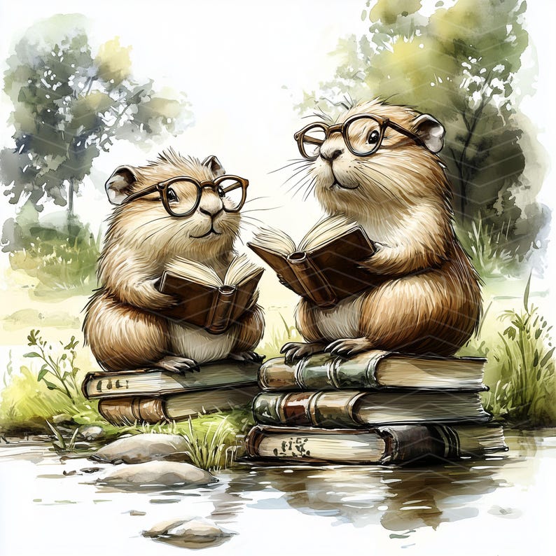 20 Watercolor Animal Clipart Reading Books JPG | Bookish Woodland ...