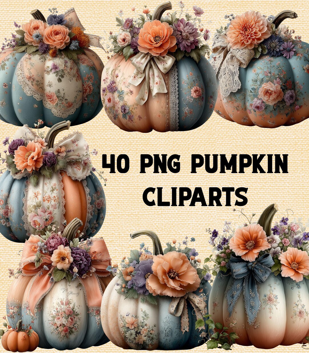 Floral Pumpkin 40 PNG Clipart Bundle, Vintage Cottagecore Fall Clipart ...