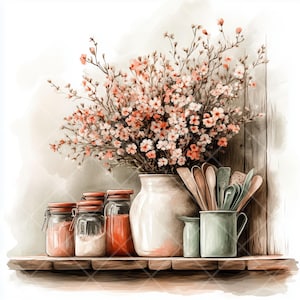 Watercolor Farmhouse Kitchen Clipart: Vintage Utensils & Floral Decor ...