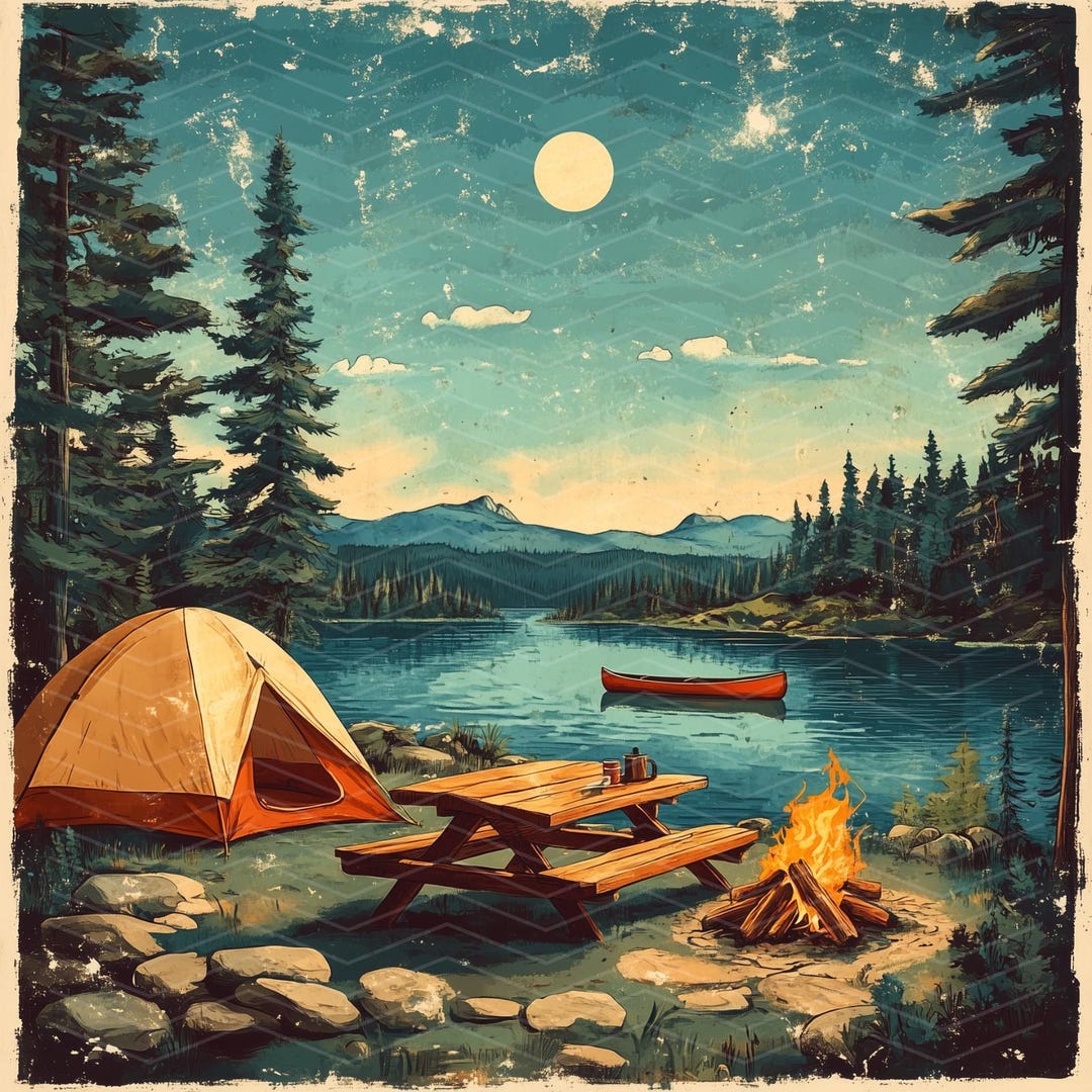 18 JPG Camping Clipart Bundle Vintage Style | Campfire Tent Canoe Lake ...