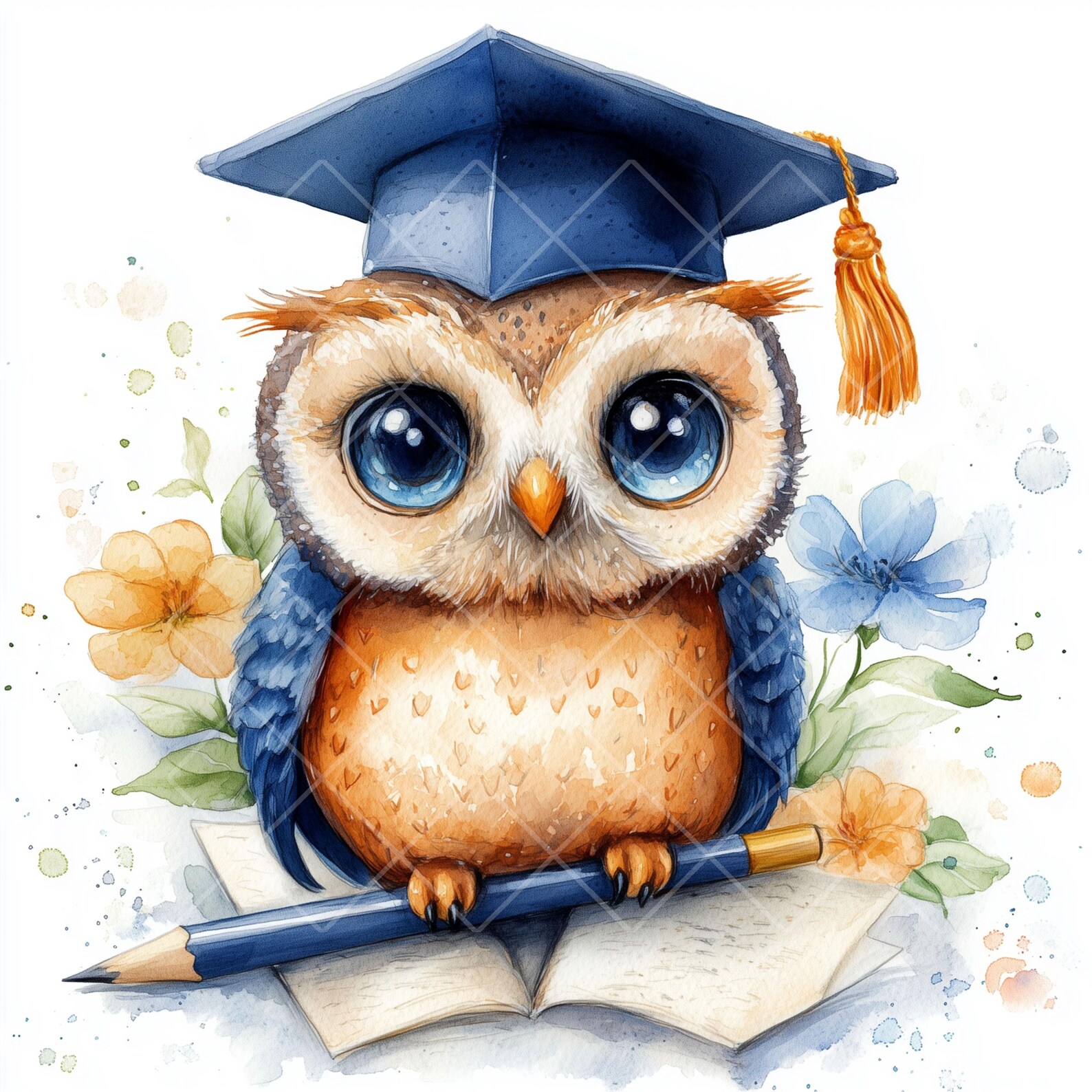 10 JPG Cliparts of Watercolor Owls With Doctoral Hats,clever Graduation ...