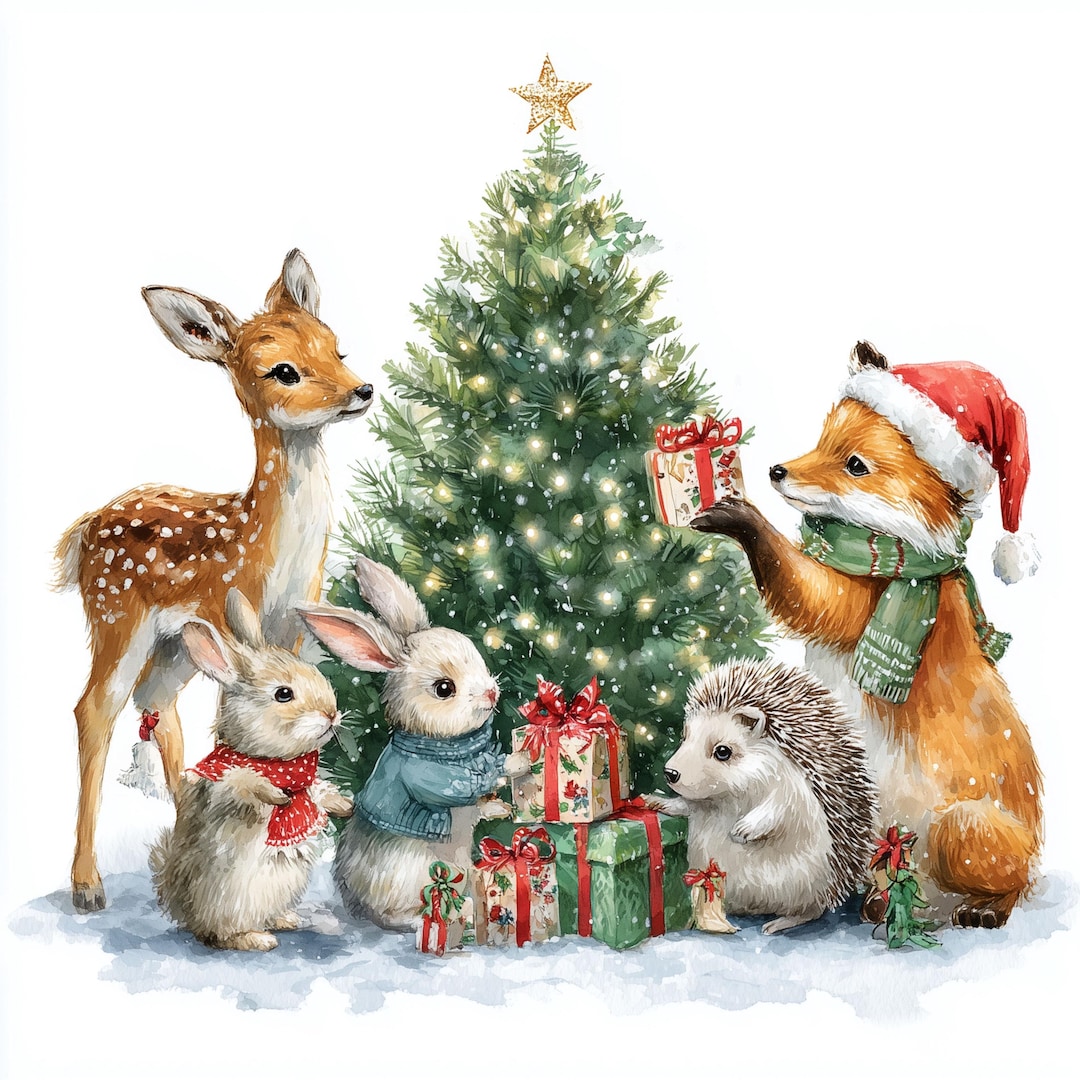 Christmas Animal Clipart Set: Woodland Holiday Illustrations (JPG ...