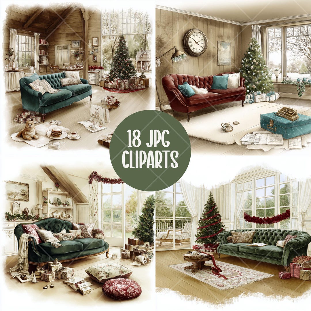 Cozy Vintage Christmas Clipart Bundle 18 JPG | Winter Living Room Scene ...