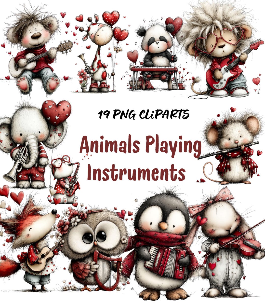 19 Valentine Animal Clipart PNG | Cute Animals Playing Instruments ...