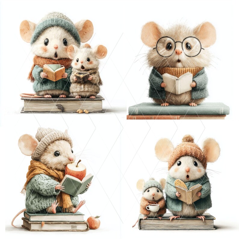 25 Watercolor Mouse Clipart JPG Bundle, Cute Reading Mouse Art, Cozy ...