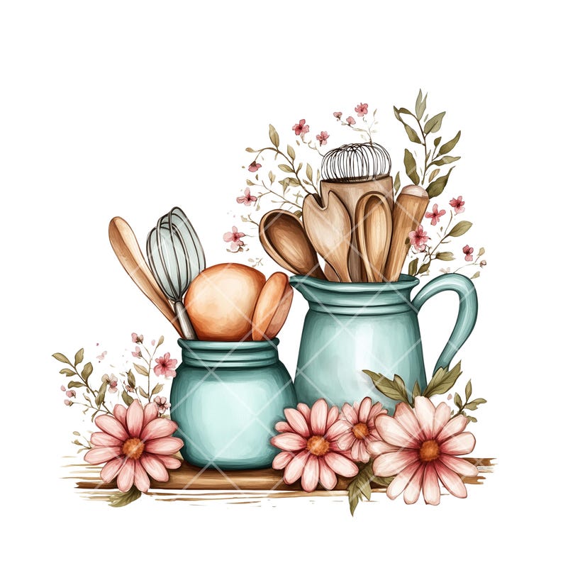 Watercolor Bakery Clipart: Floral Kitchen Utensils (digital Download ...