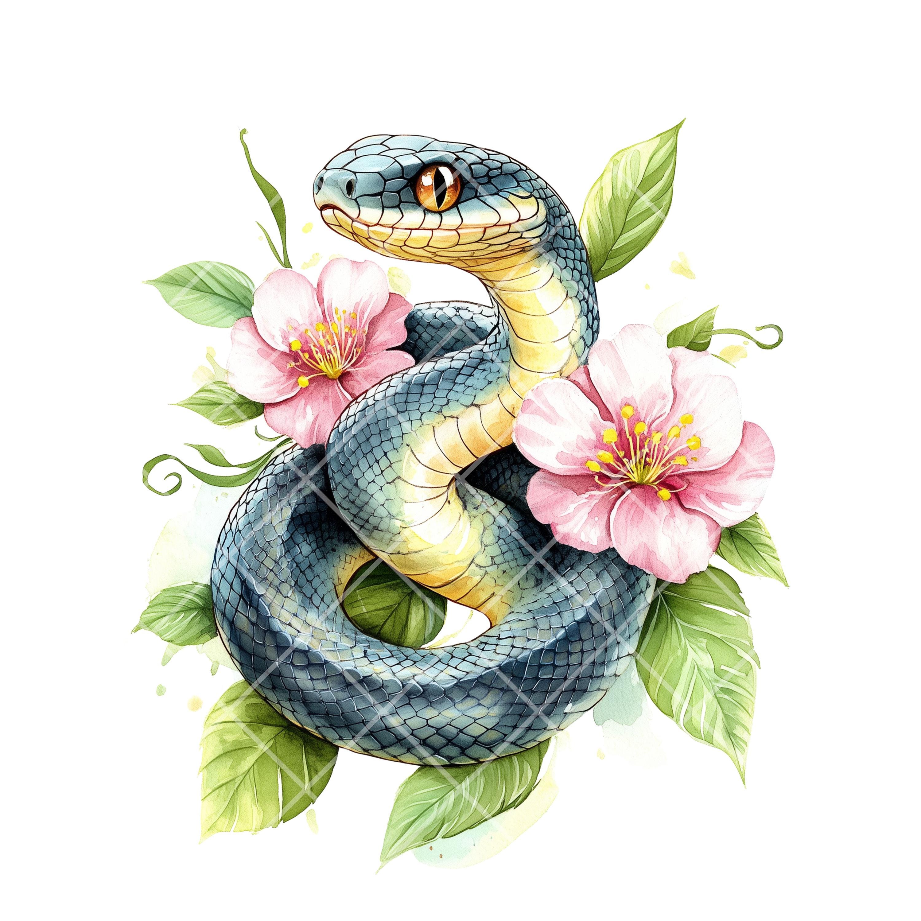 15 PNG Cliparts – Watercolor Snakes With Floral Elements, Elegant ...
