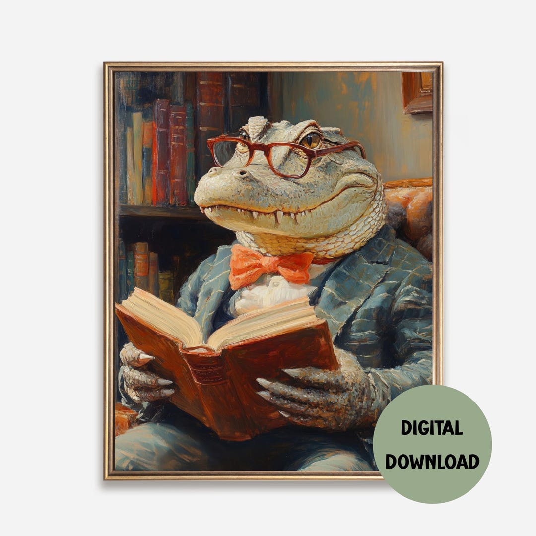 Alligator Reading Oil Painting Poster– Funny Dressed Reptile Art Print ...