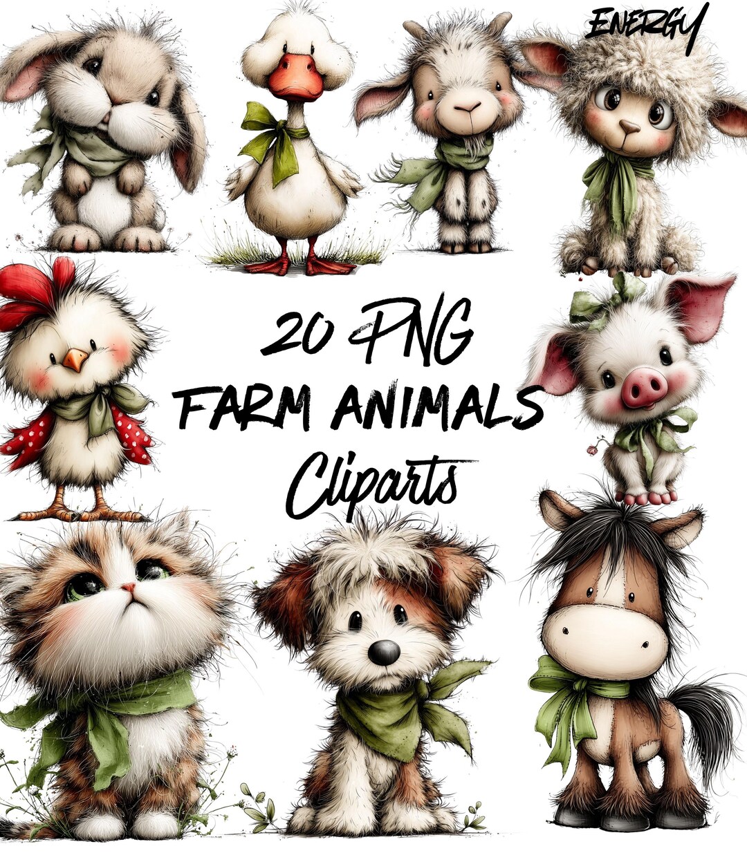 20 Whimsical Farm Animal Clipart PNG Bundle , Animals With Green Scarf ...