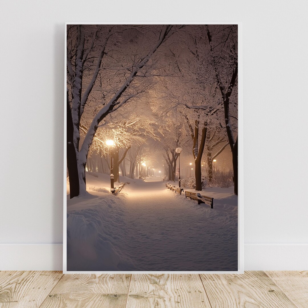 Winter Evening Snow Scene Art Print: Illuminated Snowy Path (digital ...